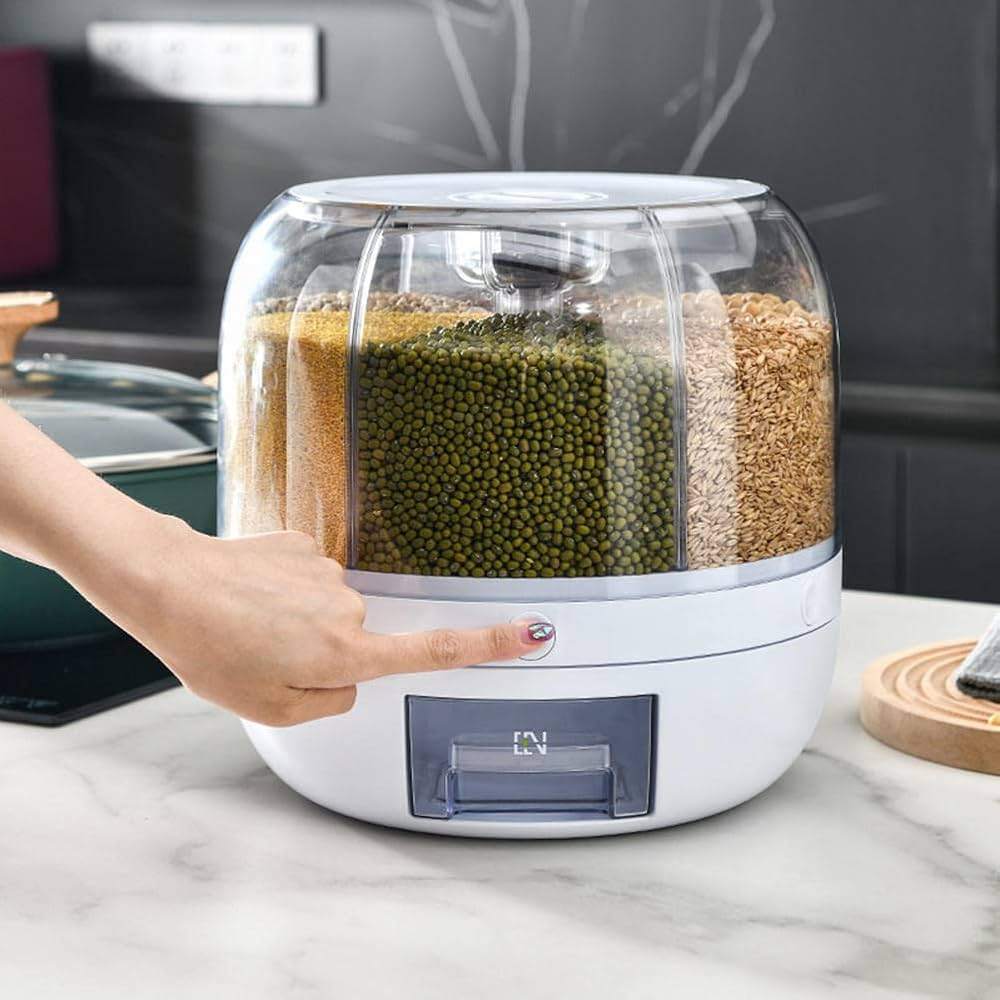 360° Rotating Rice Barrel, 6-Grids Rice Storage Dry Food Dispenser ...