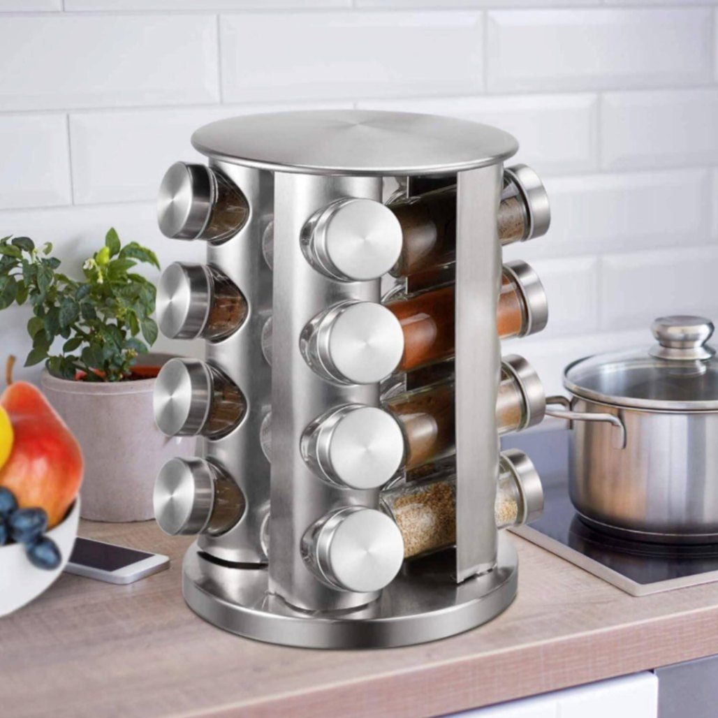 Spice Carousel 16 Jar Rotating Stainless Steel Revolving Spice Rack Set ...