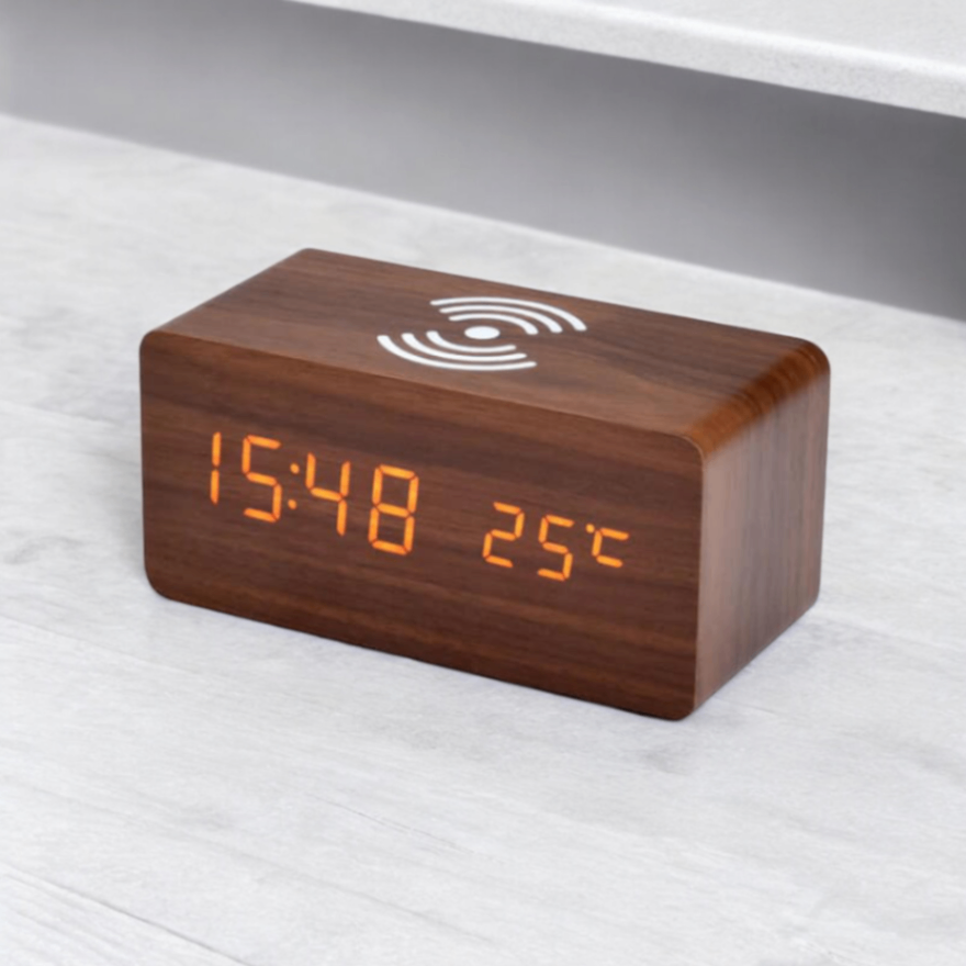 Wooden LED Clock with Wireless Charging